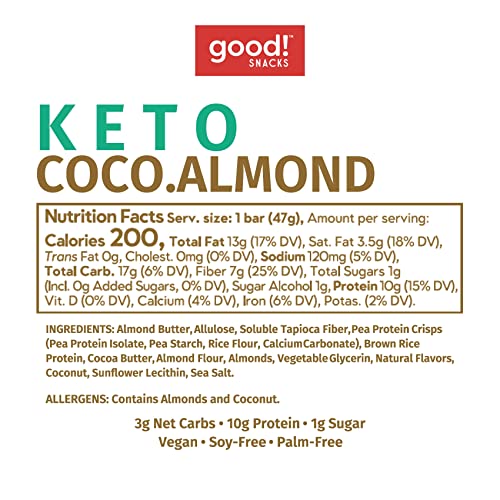 good! Snacks Keto Vegan Protein Bars, Coconut Almond, Gluten Free Keto Snack Bar, Low Carb, Low Sugar Meal Replacement, High Protein Healthy Snacks, 10g Protein, 3g Net Carbs, 12 Bars