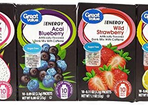 Great Value Energy Drink Mix Variety Bundle, 0.88-1.13 oz box with 10 Drink Packets (Pack of 4) includes 1-Box Blueberry Acai + 1-Box Wild Strawberry + 1-Box Dragon Fruit + 1-Box Pomegranate Lemonade