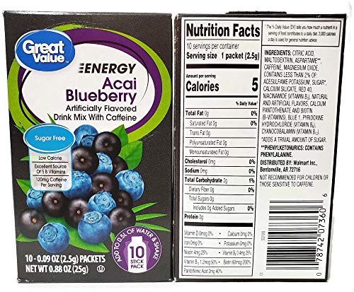 Great Value Energy Drink Mix Variety Bundle, 0.88-1.13 oz box with 10 Drink Packets (Pack of 4) includes 1-Box Blueberry Acai + 1-Box Wild Strawberry + 1-Box Dragon Fruit + 1-Box Pomegranate Lemonade