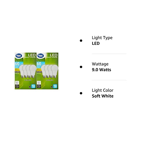 Great Value LED Light Bulb 9Watts 60Watts Equivalent Soft White Pack of Two, 4 Bulbs in each pack