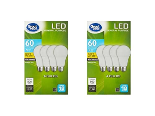 Great Value LED Light Bulb 9Watts 60Watts Equivalent Soft White Pack of Two, 4 Bulbs in each pack