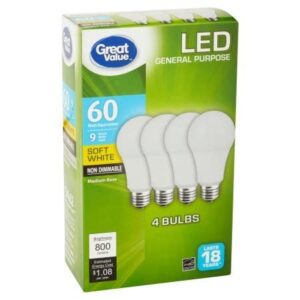 Great Value LED Light Bulb 9Watts 60Watts Equivalent Soft White Pack of Two, 4 Bulbs in each pack