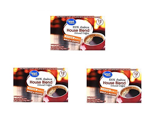 Great Value House Blend Ground Coffee Single Serve Cups, Medium Roast, 5.08 oz, 12 Count - (PACK OF 3)