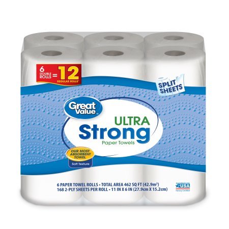 Great Value Ultra Strong Paper Towels, Split Sheets, 6 Double Rolls