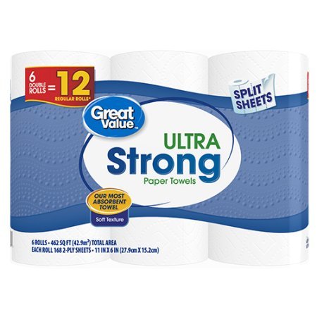 Great Value Ultra Strong Paper Towels, Split Sheets, 6 Double Rolls