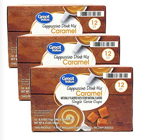 Great Value Cappuccino Coffee and Hot Drink Single Serve Pods, 12 Count (Caramel Cappuccino, Pack of 3)