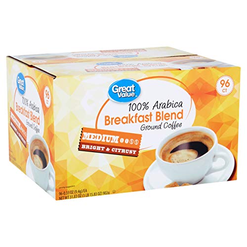 Great Value 100% Arabica Breakfast Blend Coffee Pods, Medium Roast, 96 Count- 0.33 oz each (Pack of 2)