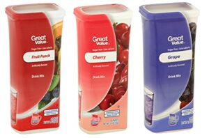 great value drink mix, sugar free, fruit punch, cherry and grape bundle of 3 flavor canisters. (canister designs may vary)