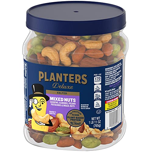 PLANTERS Deluxe Mixed Nuts with Sea Salt, 27 oz. Resealable Container - Variety Mixed Nuts Snacks with Cashews, Almonds, Pecans, Pistachios & Hazelnuts - Energy Boost - Kosher