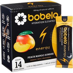 Bobelo Sparkling Electrolyte Natural Energy Drink Powder| Peach Mango Sunrise | Keto Energy Drink Mix with Natural Caffeine | Diabetic Friendly and Low Calorie | 14 count