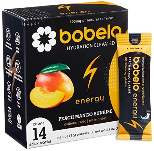 Bobelo Sparkling Electrolyte Natural Energy Drink Powder| Peach Mango Sunrise | Keto Energy Drink Mix with Natural Caffeine | Diabetic Friendly and Low Calorie | 14 count