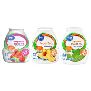 great value liquid flavor enhancer tea selection – southern sweet tea, peach, raspberry-black tea. sugar-free, t. 6 bottles 1.62 oz each