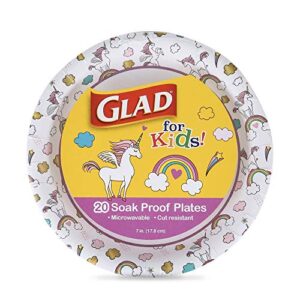 glad for kids paper plates, small round paper plates with cute designs for kids heavy duty disposable soak proof microwavable paper plates for all occasions, unicorns, 7 inch, 20 count