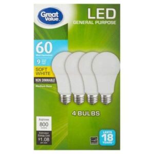 PACK OF 4 - Great Value LED General Purpose Bulbs, 9W (60W Equivalent), Soft White, 4-count