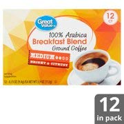 Great Value 100% Arabica Breakfast Blend Medium Ground Coffee, 0.33 oz, 12 count (Pack of 2)