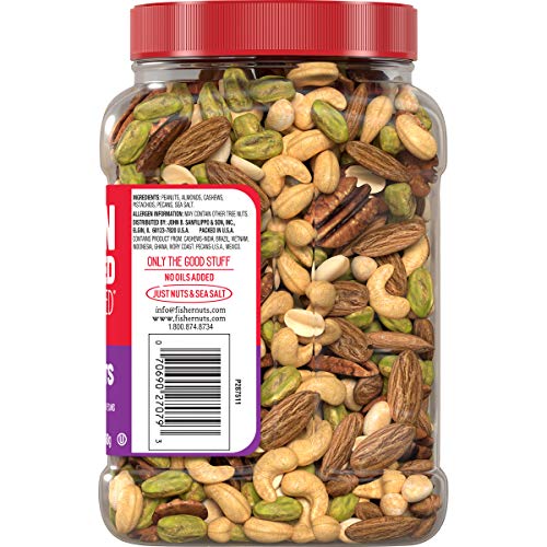 Fisher Snack Oven Roasted Never Fried Mixed Nuts with Peanuts, 24 Ounces, Peanuts, Almonds, Cashews, Pistachios, Pecans, Made With Sea Salt, Non-GMO, No Oils, Artificial Ingredients or Preservatives