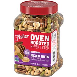 Fisher Snack Oven Roasted Never Fried Mixed Nuts with Peanuts, 24 Ounces, Peanuts, Almonds, Cashews, Pistachios, Pecans, Made With Sea Salt, Non-GMO, No Oils, Artificial Ingredients or Preservatives