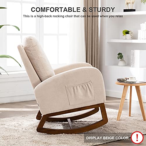 Rocking Accent Armchair with Side Pocket, Upholstered Mid-Century Nursery Chair for Kids with High Backrest Fabric Rocker for Home Living Room Office, Rubber Wood Legs(Coffee Color)