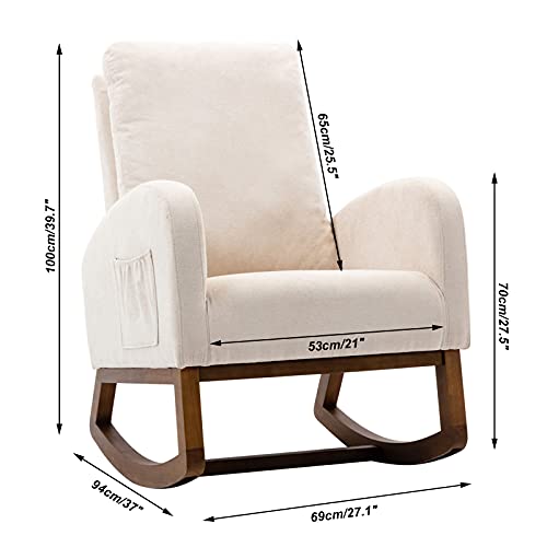 Rocking Accent Armchair with Side Pocket, Upholstered Mid-Century Nursery Chair for Kids with High Backrest Fabric Rocker for Home Living Room Office, Rubber Wood Legs(Coffee Color)