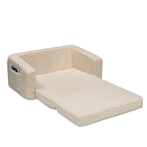 Delta Children Cozee Flip-Out Sherpa 2-in-1 Convertible Sofa to Lounger for Kids, Cream