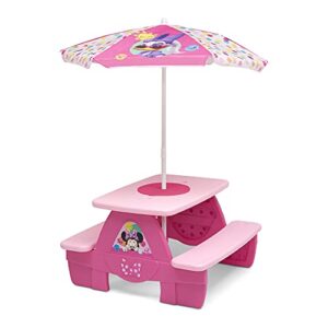 delta children 4 seat activity picnic table with umbrella and lego compatible tabletop, minnie mouse, 32.5 in x 34.25 in x 53.5 in