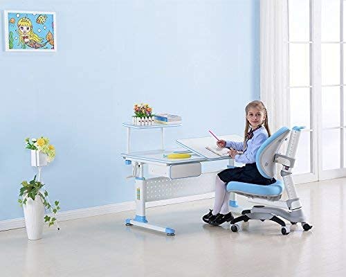 ApexDesk Little Soleil DX 43" Children's Height Adjustable Study Desk w/Integrated Shelf & Drawer (Desk+Chair Bundle – Blue)