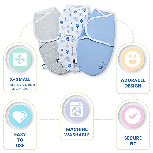 Delta Children Little Lambs Adjustable Swaddle Wrap - 100% Cotton - Size Extra Small, Fits Babies 0-3 Months/4-7 lbs, 3-Pack, Boy, Blue