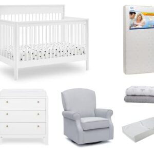 Delta Children Remy Crib 7-Piece Baby Nursery Furniture Set–Includes: Convertible Crib, Glider, Dresser, Changing Top, Crib Mattress, Sheets, & Changing Pad, Bianca White