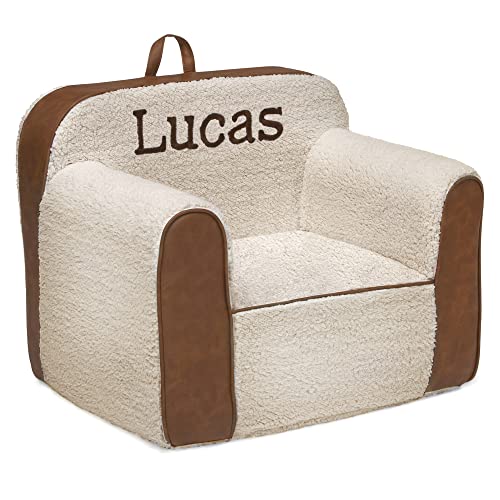 Delta Children Personalized Cozee Sherpa and Faux Leather Chair for Kids, Cream