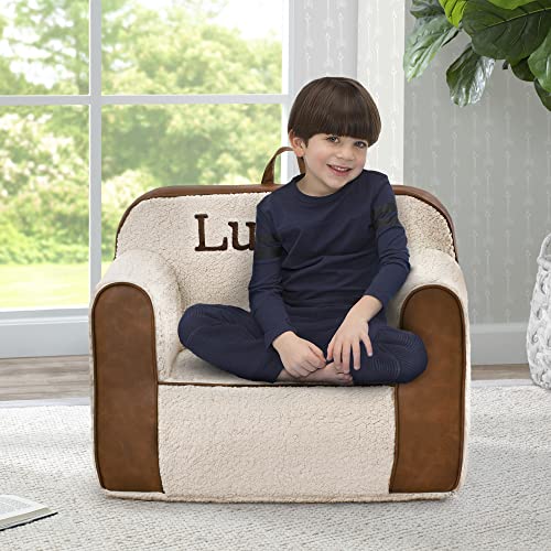 Delta Children Personalized Cozee Sherpa and Faux Leather Chair for Kids, Cream