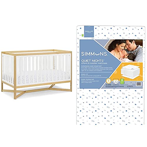 Delta Children Tribeca 4-in-1 Baby Convertible Crib + Simmons Kids Quiet Nights Crib and Toddler Mattress Made from Recycled Water Bottles/GREENGUARD Gold Certified [Bundle], Bianca White/Natural