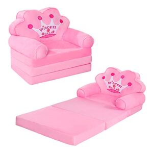 moonbeeki kids couch fold out, foldable princess chair for toddlers 1-3, sofa bed for kids folding toddler bed lounger chair for bedroom, toddler couch bed for girl (pink)