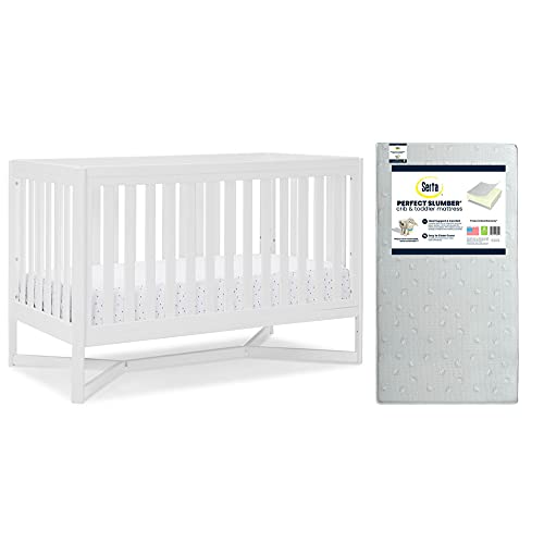 Delta Children Tribeca 4-in-1 Baby Convertible Crib + Serta Perfect Slumber Dual Sided Recycled Fiber Core Crib & Toddler Mattress - Waterproof, Hypoallergenic, GREENGUARD Gold Certified, Bianca White