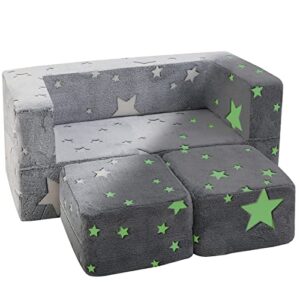 MeMoreCool Kids Couch Toddler Sofa, Star GlowSofa 3 in 1 Fold Out Kids Sofa, Modular Toddler Couch for Boys, Children Convertible Plush Sofa Play Set and Sofa Bed