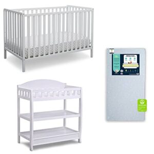 delta children heartland 4-in-1 convertible crib infant changing table with pad + serta perfect start crib mattress, bianca white