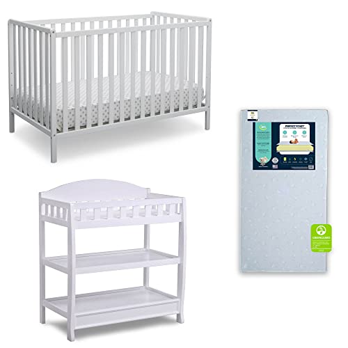 Delta Children Heartland 4-in-1 Convertible Crib Infant Changing Table with Pad + Serta Perfect Start Crib Mattress, Bianca White