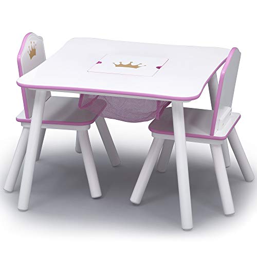 Delta Children Princess Crown Kids Wood Table and Chair Set with Storage - Greenguard Gold Certified, White/Pink