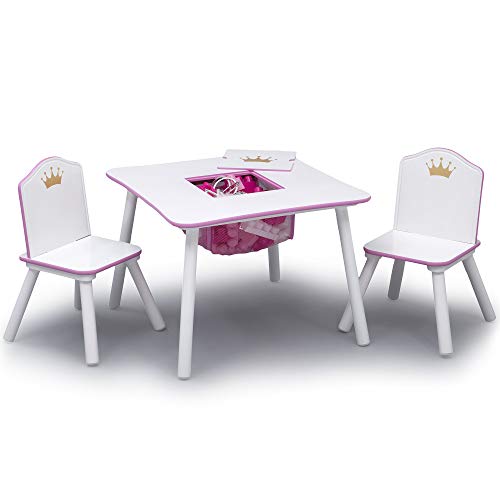 Delta Children Princess Crown Kids Wood Table and Chair Set with Storage - Greenguard Gold Certified, White/Pink