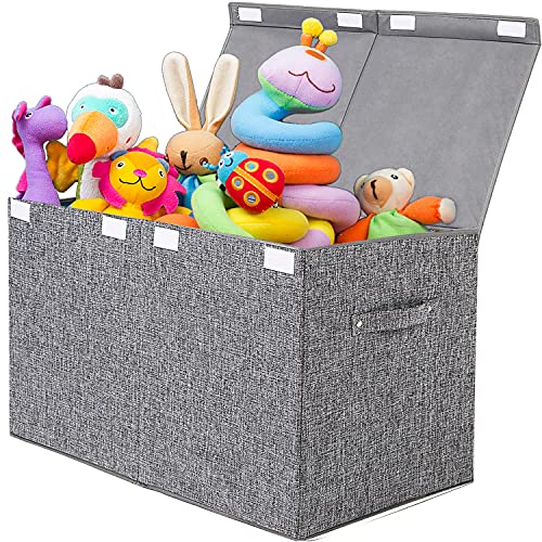 popoly Large Toy Box Chest with Lid, Collapsible Sturdy Toy Storage Organizer Boxes Bins Baskets for Kids, Boys, Girls, Nursery, Playroom, 25"x13" x16" (Linen Gray)