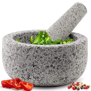 heavy duty large mortar and pestle set, hand carved from natural granite, make fresh guacamole, salsa, pesto, stone grinder bowl, herb crusher, spice grinder, 6.3″ wide, 2 cup, grey