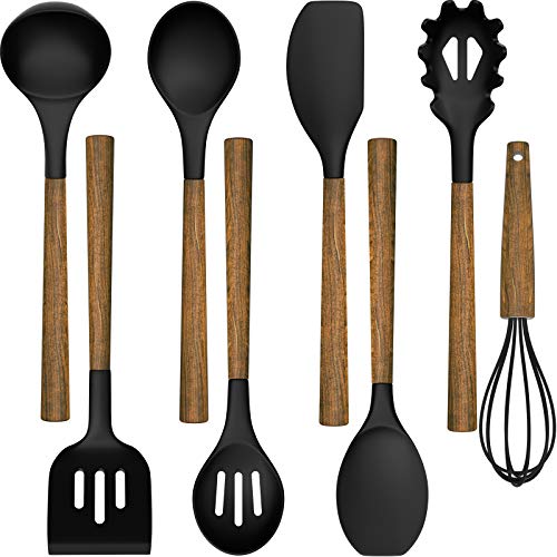 Silicone Cooking Utensil Set, Umite Chef 8-Piece Kitchen Utensils Set with Natural Acacia Wooden Handles,Food-Grade Silicone Heads-Silicone Kitchen Gadgets Set for Nonstick Cookware- Black