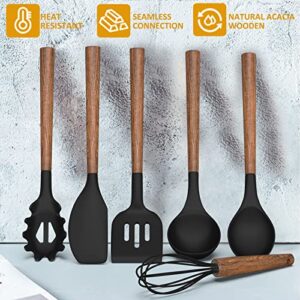 Silicone Cooking Utensil Set, Umite Chef 8-Piece Kitchen Utensils Set with Natural Acacia Wooden Handles,Food-Grade Silicone Heads-Silicone Kitchen Gadgets Set for Nonstick Cookware- Black