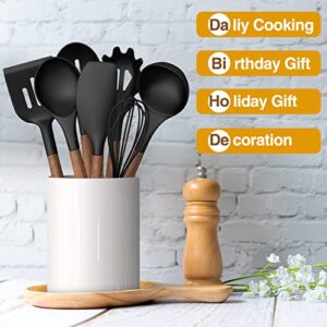 Silicone Cooking Utensil Set, Umite Chef 8-Piece Kitchen Utensils Set with Natural Acacia Wooden Handles,Food-Grade Silicone Heads-Silicone Kitchen Gadgets Set for Nonstick Cookware- Black