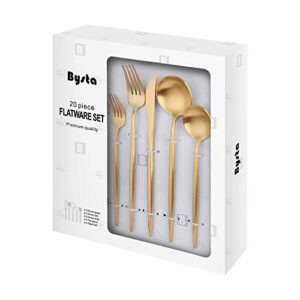 matte gold silverware set, bysta 20-piece stainless steel flatware set cutlery set service for 4, satin finish, dishwasher safe, nice gift box