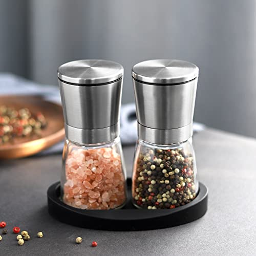 VEVOK CHEF Salt and Pepper Grinder Set Adjustable Coarseness Ceramic Pepper Mill Salt Crusher with Silicone Tray Salt and Pepper Shaker Spice Grinder Kitchen Chef Gift