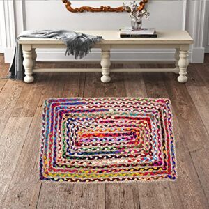 Eleet Cotton & Jute Multi Chindi Area Rug - 2x3 Ft Multicolor Hand Woven Braided Reversible Rug Rag, Colors May Vary (2x3 Feet Cotton+Jute (Rectangular))