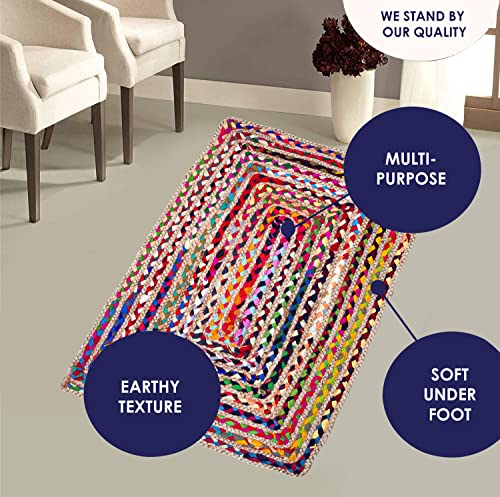 Eleet Cotton & Jute Multi Chindi Area Rug - 2x3 Ft Multicolor Hand Woven Braided Reversible Rug Rag, Colors May Vary (2x3 Feet Cotton+Jute (Rectangular))