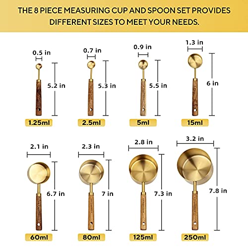 Muchtolove Measuring Cups and Spoons Set of 8, Golden Stainless Steel Measuring Cup with Wooden Handle, Kitchen/Food/Liquid/Baking