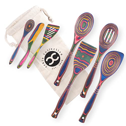 Exotic Pakkawood 7-Piece Kitchen Utensil Set with Spoon, Slotted Spoon, Spatula, Corner Spoon, Small Spoon, Small Spatula/Turner, Spreader - Earth Friendly Material - by Crate Collective (Rainbow)