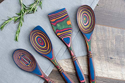 Exotic Pakkawood 7-Piece Kitchen Utensil Set with Spoon, Slotted Spoon, Spatula, Corner Spoon, Small Spoon, Small Spatula/Turner, Spreader - Earth Friendly Material - by Crate Collective (Rainbow)